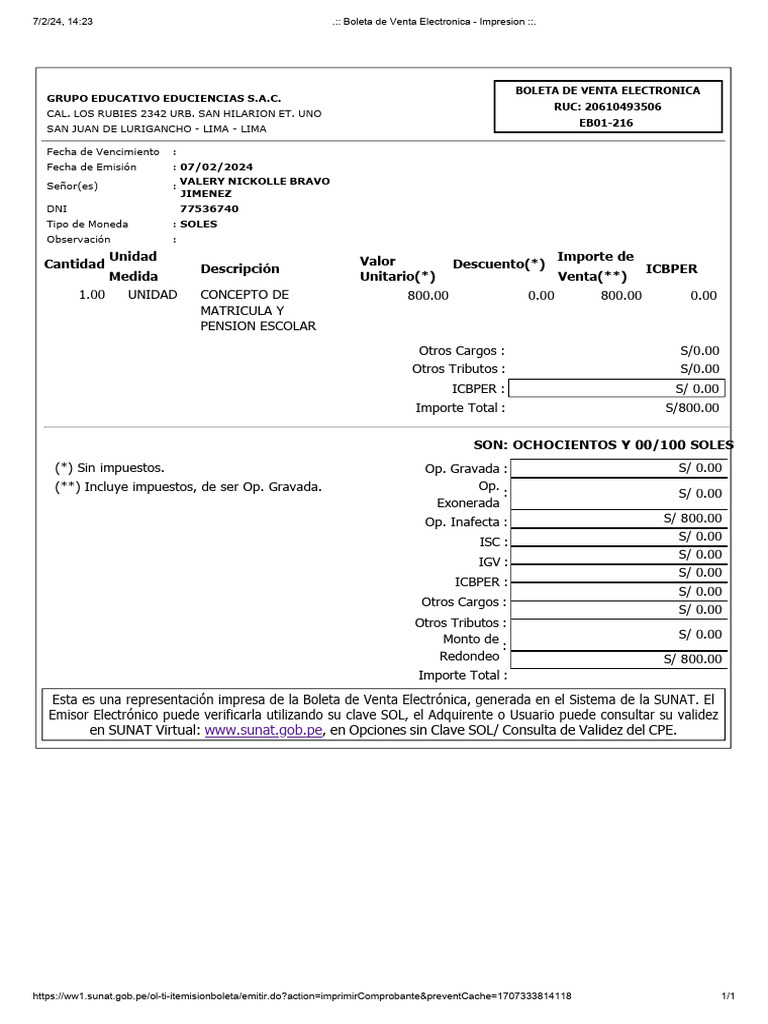 Boleta de Venta Electronica - EB01-216 | PDF