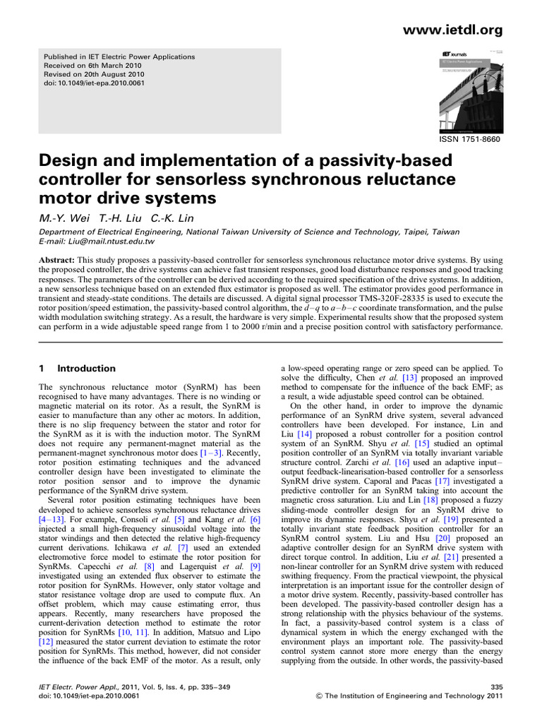 Design and Implementation of A Passivity-Based Controller For Sensorless Synchronous Reluctance ...