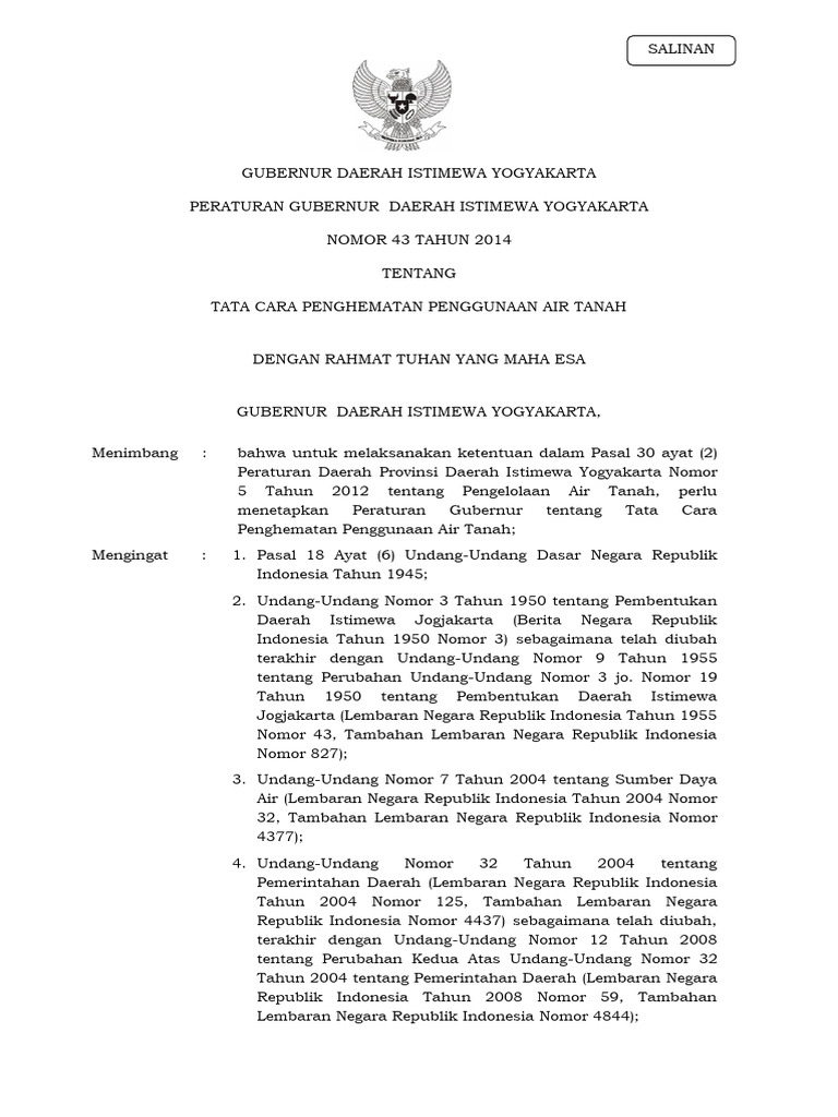 Pergub DIY No.43 Tahun 2014 TTG Tata Cara Penghematan Penggunaan Air Tanah 2 | PDF