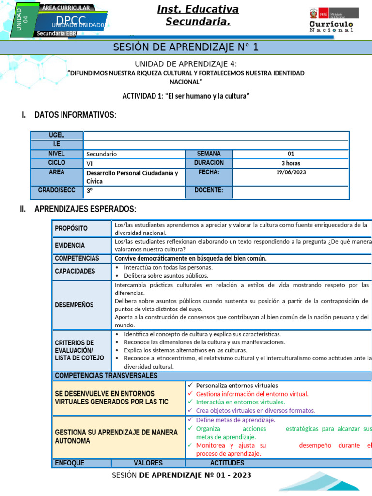 3º DPCC - Ses 1 Uni 4 - Sem 01 El Ser Humano y La Cultura | PDF