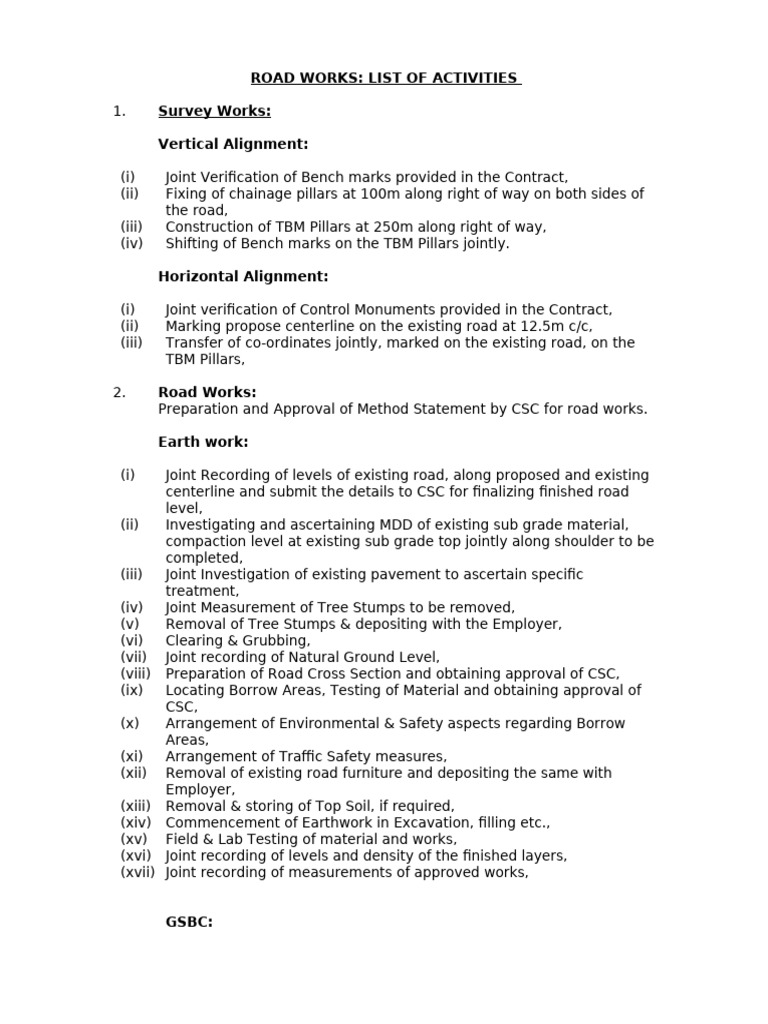 Road Works - List of Activities | PDF