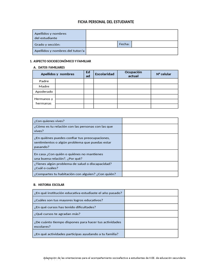 Ficha Personal Del Estudiante y Consolidación de Información Primaria | PDF