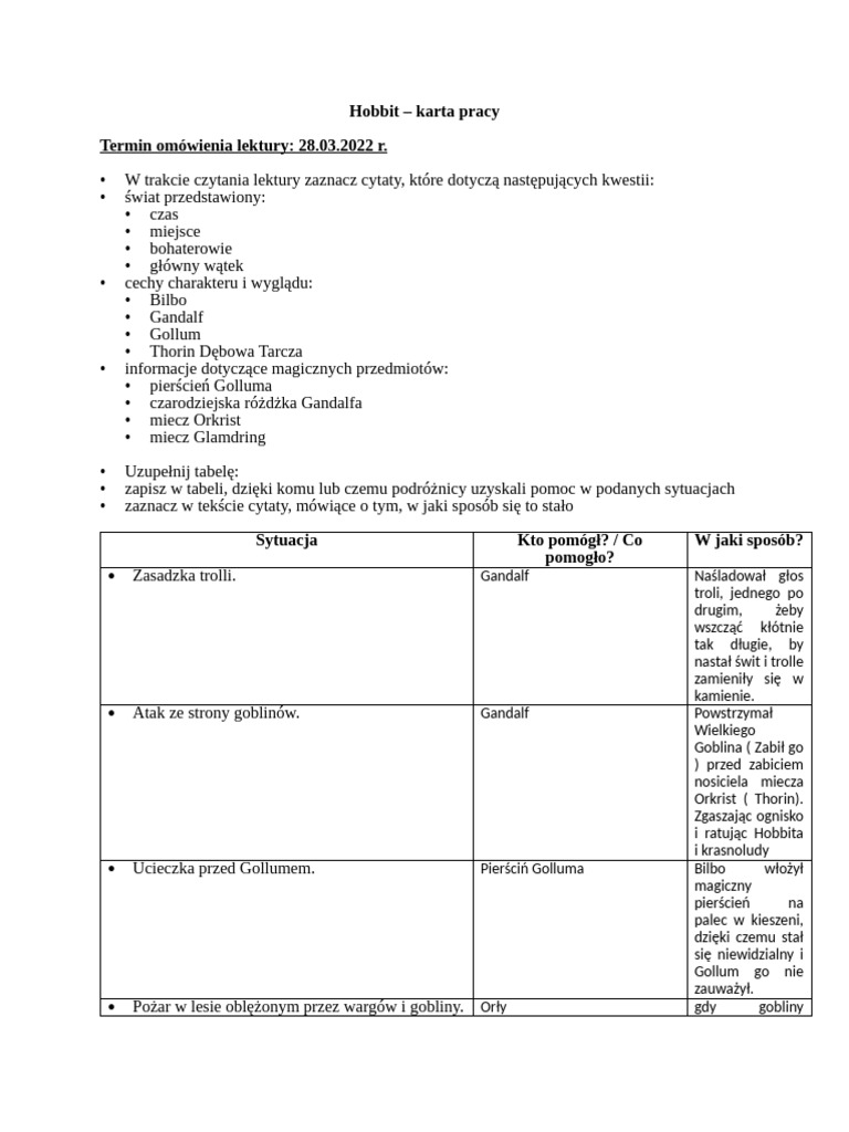 Hobbit - Karta Pracy2 | PDF