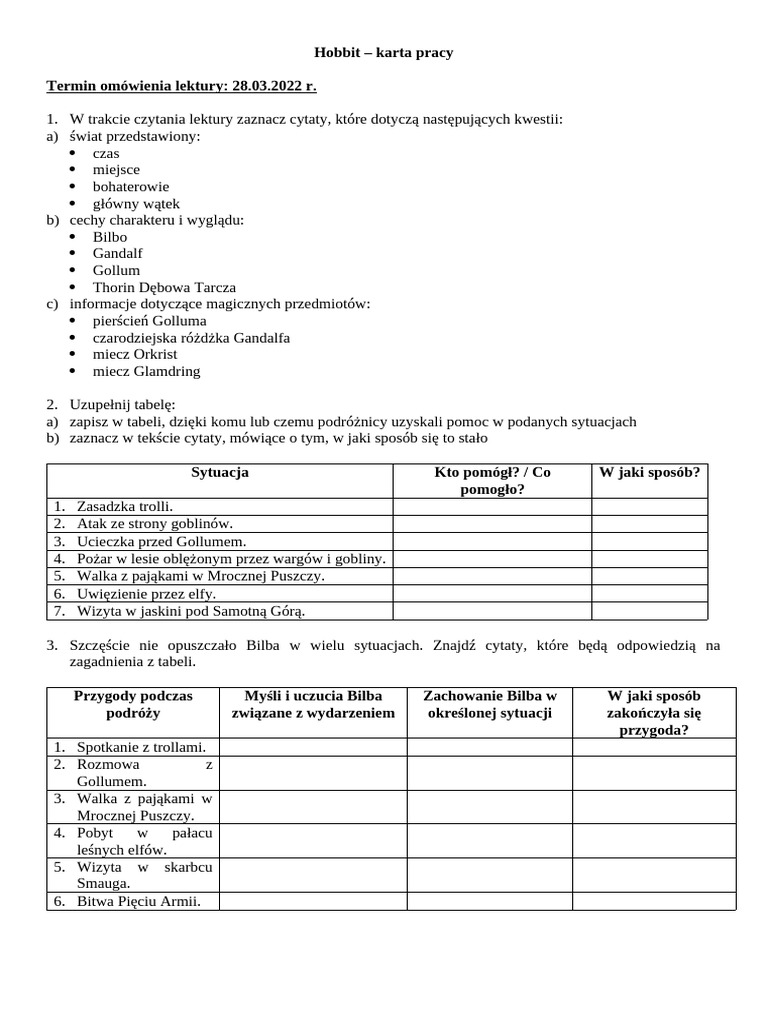 Hobbit - Karta Pracy | PDF