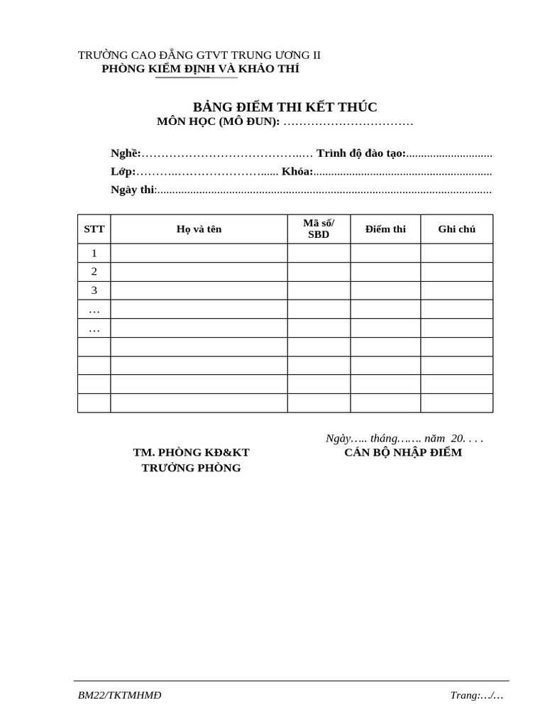 BM22 - Bảng điểm thi kết thúc MĐMH | PDF