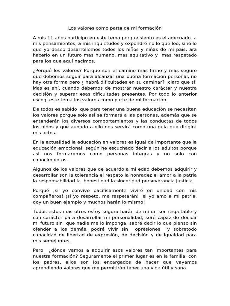 Los Valores Como Parte de Mi Formación Oratoria | PDF | Relaciones personales, crianza y ...