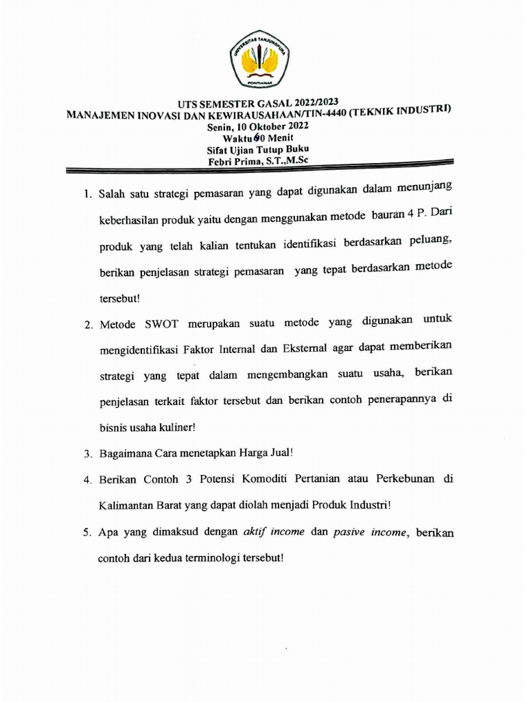 UTS Manajemen Inovasi Dan Kewirausahaan Kelas B - 2022 | PDF