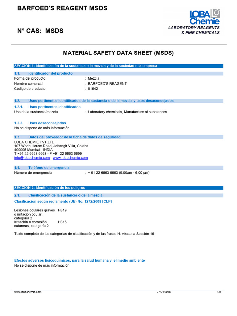 MSDS Barfoeds Reagent CASNO 01642 ES - Aspx | PDF