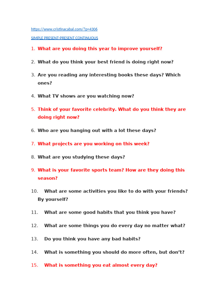 Speaking Questions Simple Present-Pres Continuous | PDF