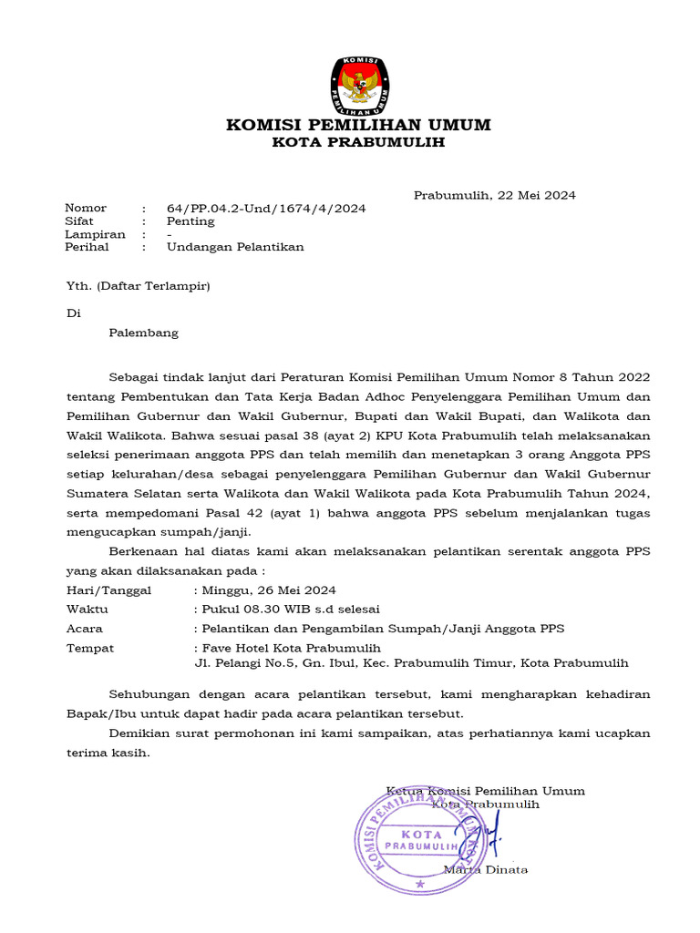 Surat Undangan Pelantikan PPS Utk PPK | PDF