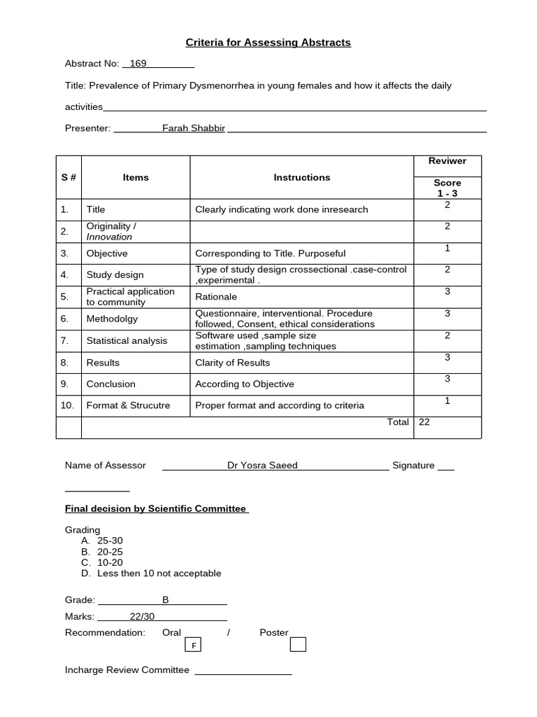 Criteria For Assessing Abstracts: S# Items Instructions Reviwer Score 1 ...