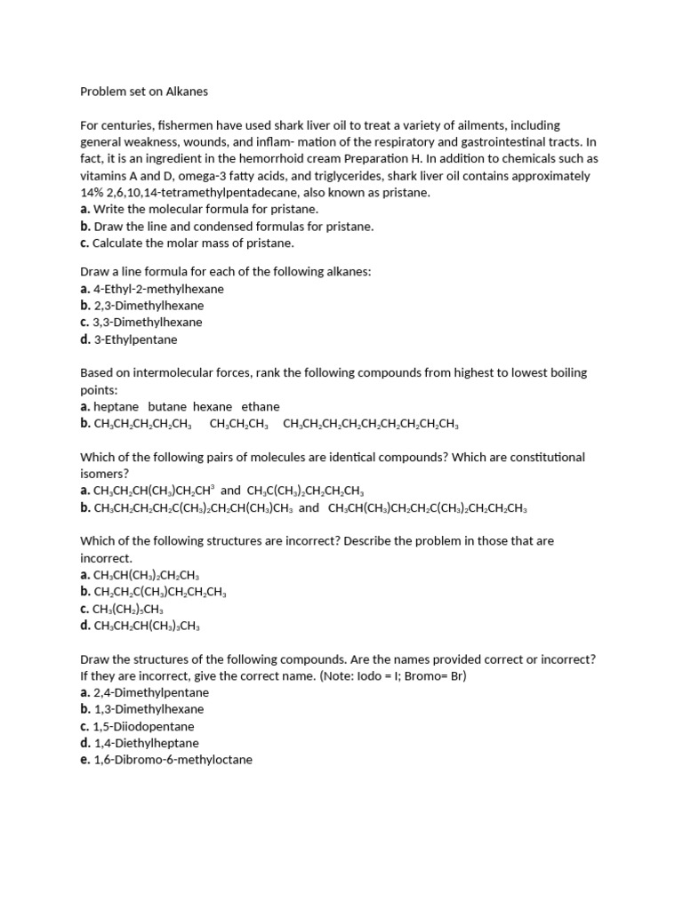 Problem Set On Alkanes Doc File | PDF