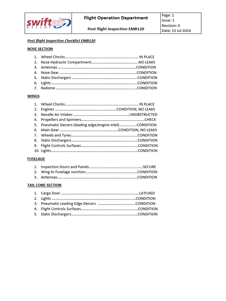 EMB120 Post Flight Inspection Checklist | PDF