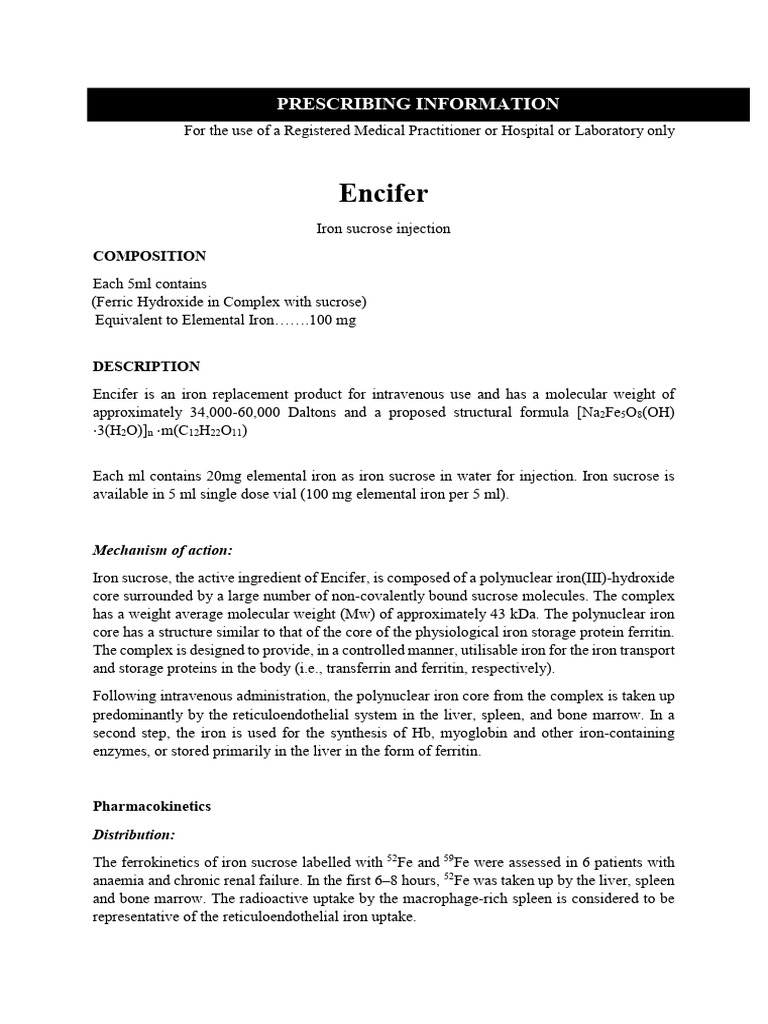 Encifer Injection Iron Sucrose - 100mg - Per - 5ml - PIL | PDF ...
