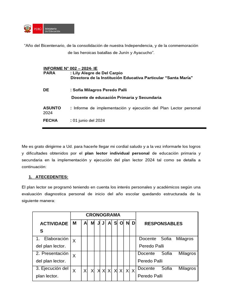 INFORME PERSONAL DEL PLAN LECTOR Sofia Peredo Palli | PDF
