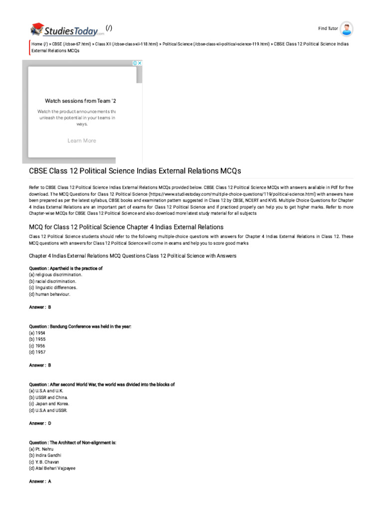 CBSE Class 12 Political Science Indias External Relations MCQS, Multiple Choice Questions | PDF