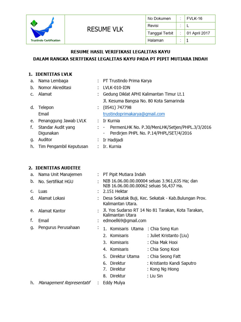 Resume Hasil Sertifikasi Legalitas Kayu PT Pipit Mutiara Indah | PDF