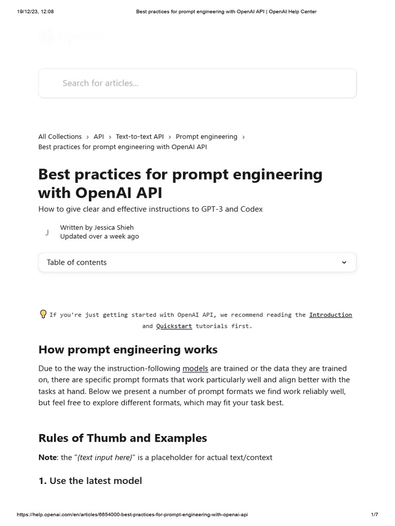 Best Practices For Prompt Engineering With OpenAI API - OpenAI Help Center | PDF