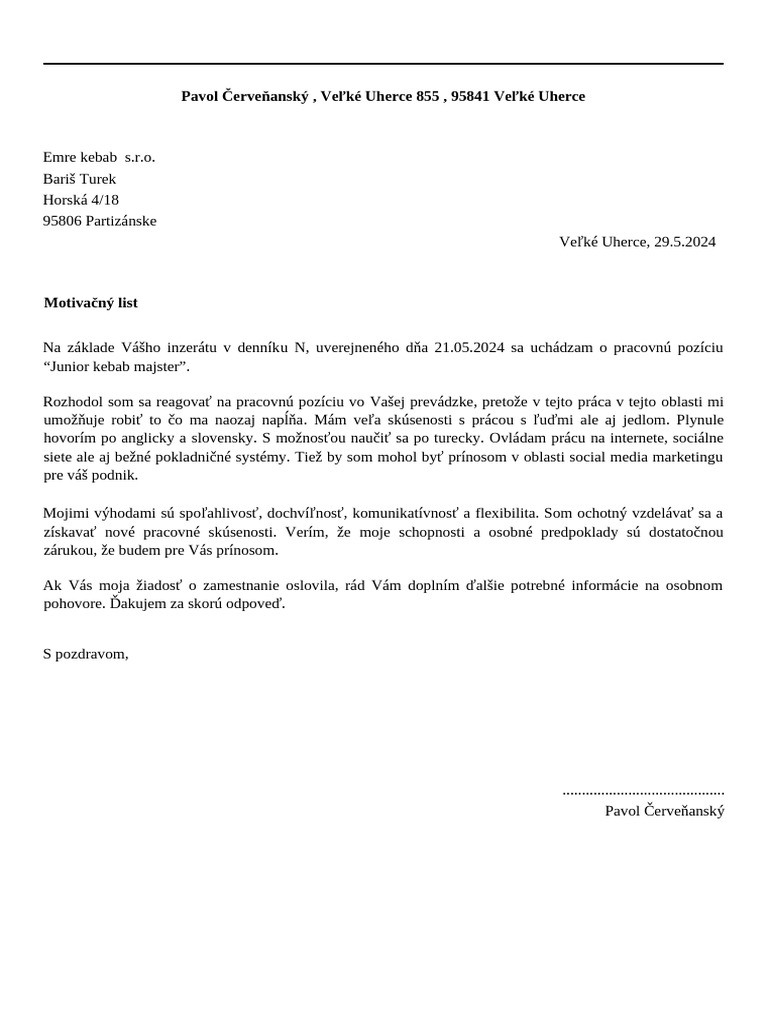Motivacny List Vzor | PDF
