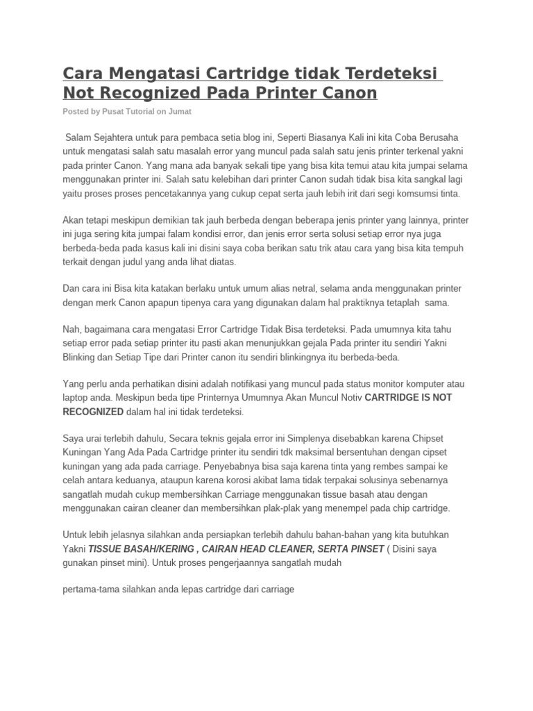 Cara Mengatasi Cartridge Tidak Terdeteksi Not Recognized Pada Printer Canon | PDF