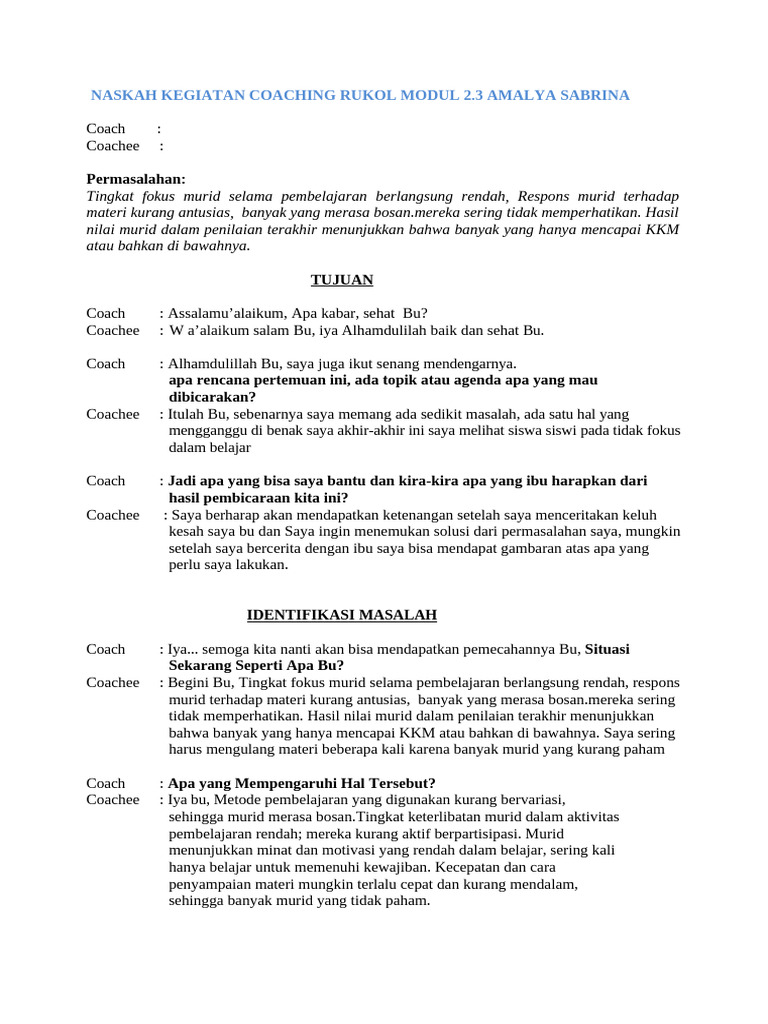 Naskah Kegiatan Coaching Rukol Modul 2.3 Amalya Sabrina | PDF