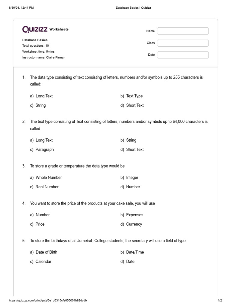 Database Basics Computer Science Igcse Cie | PDF