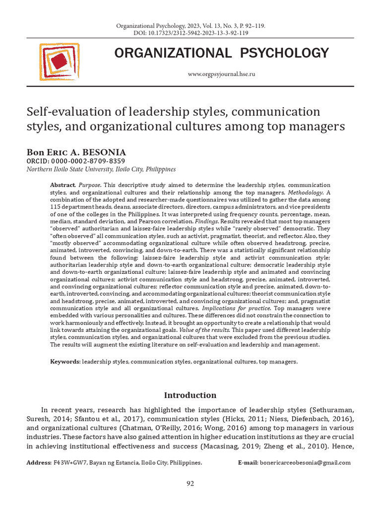 Self Evaluation of Leadership Styles Communication Styles and ...
