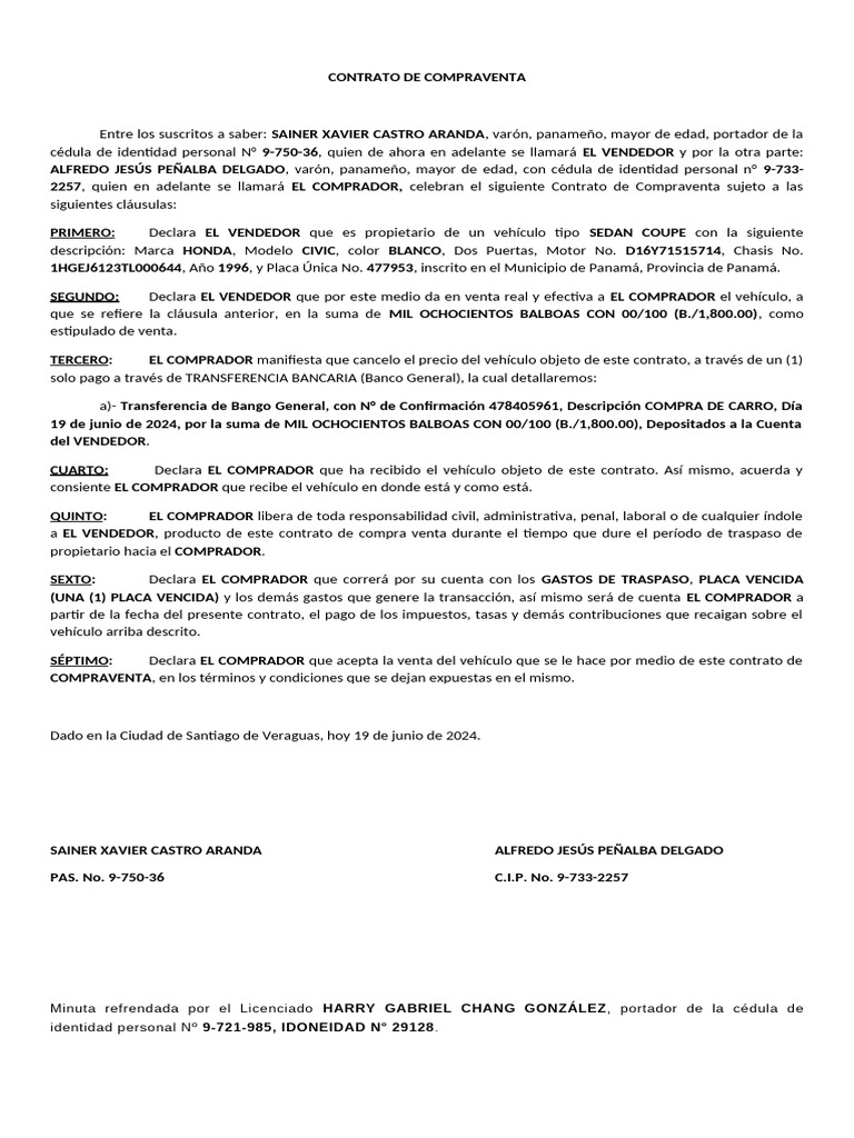 Contrato de Compraventa de Auto Sainer | PDF