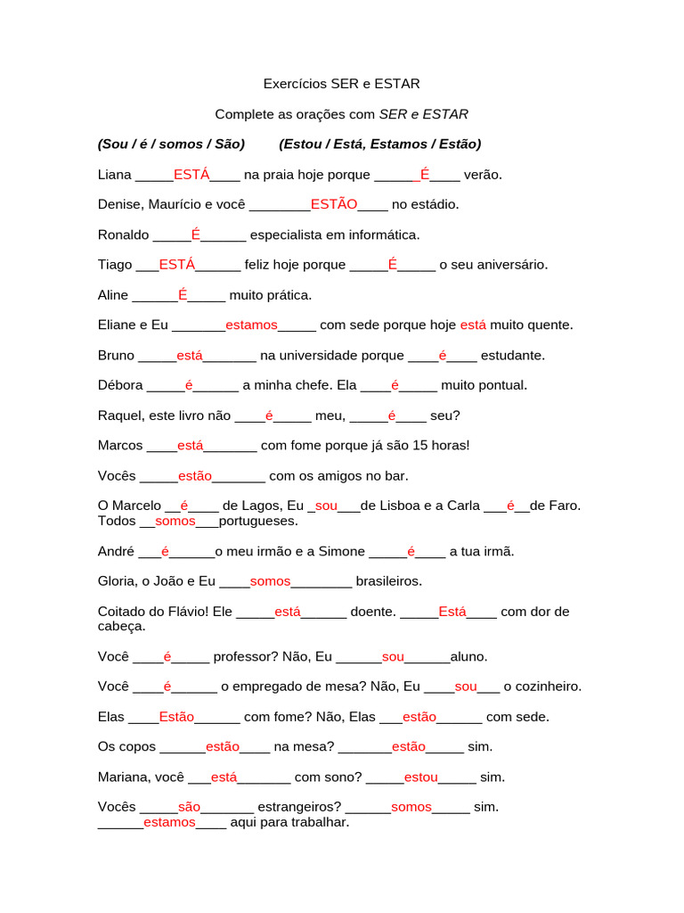 Exercicios Sobre o Verbo Ser e Estar Exercicios de Gramatica | PDF