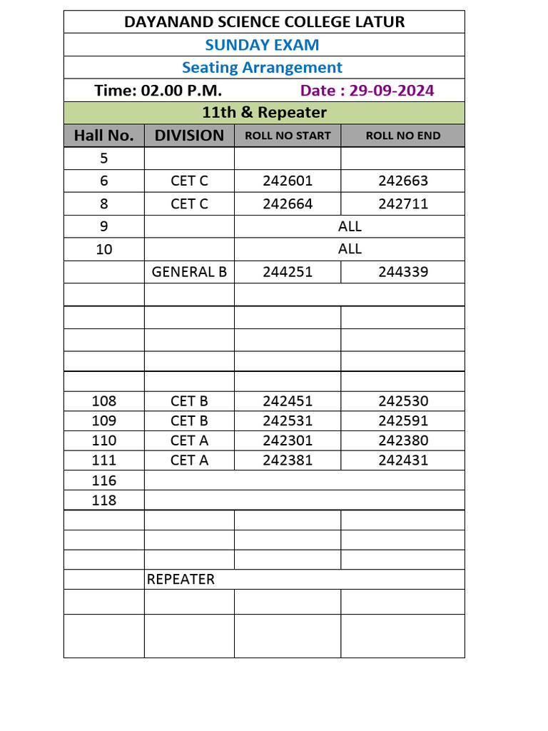 Seating Arrangment - XI-29!09!2024 | PDF