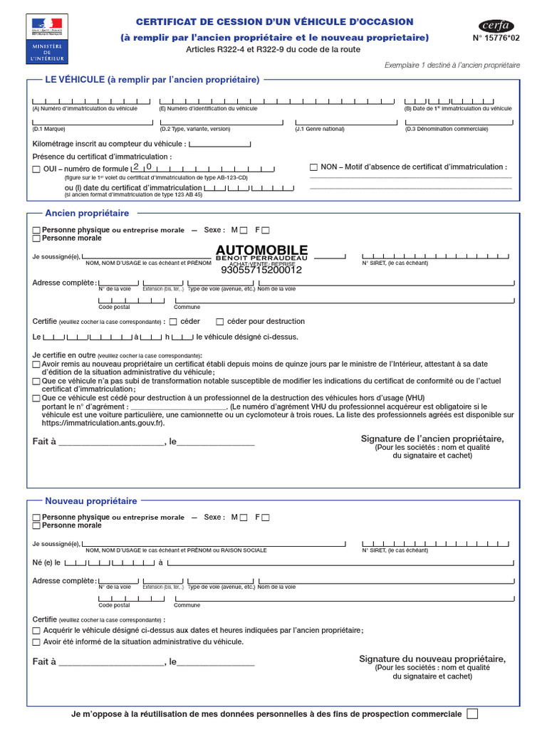 Declaration Cession Cerfa 15776 01 | PDF