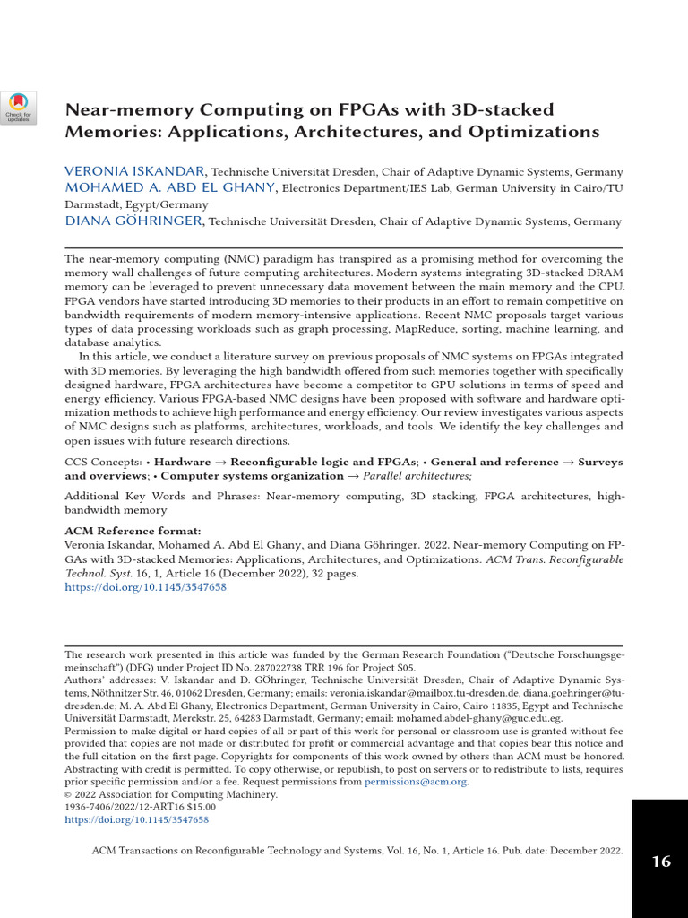 Near-Memory Computing On Fpgas With 3D-Stacked Memories: Applications, Architectures, and ...