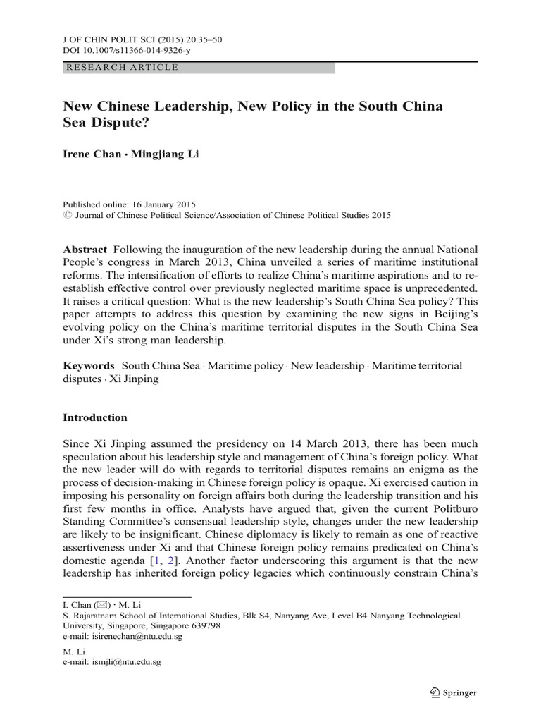 Chan - Li. New Chinese Leadership, New Policy in The South China Sea ...