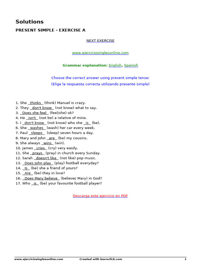 Presente Simple - Ejercicio A - Soluciones | PDF