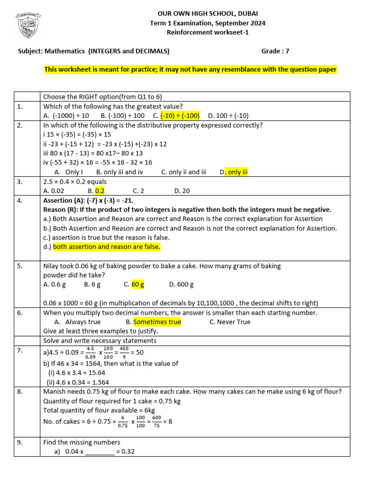 Term-1 Math Reinforcement Worksheet1 Answer Key | PDF