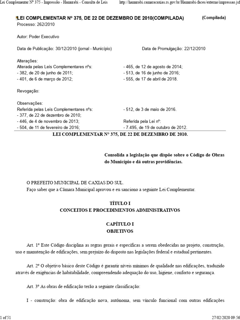 Lei Complementar N.º 375 - Código de Obras PMCS | PDF