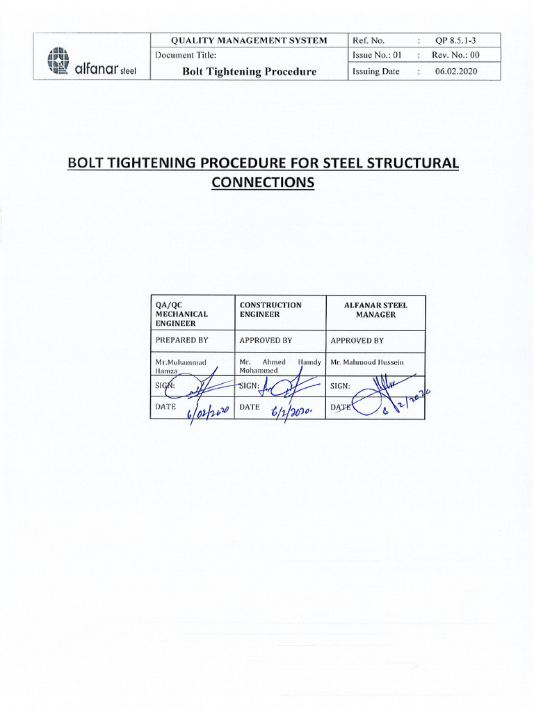 Bolt Tightening Procedure For Steel Structural Connections | PDF