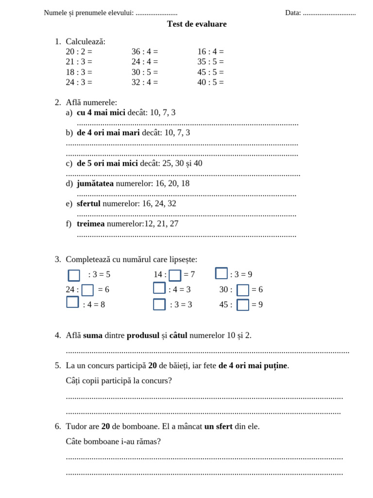 Impartire - Test Evaluare | PDF