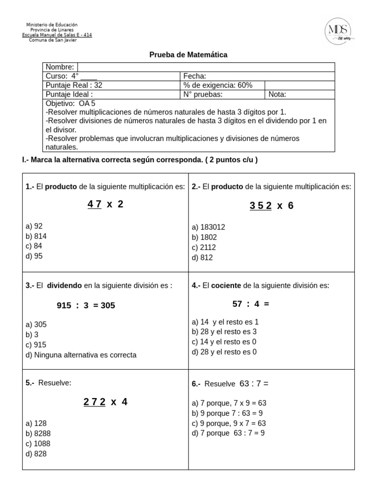 Prueba de Matemática 4to Multiplicación y División | PDF