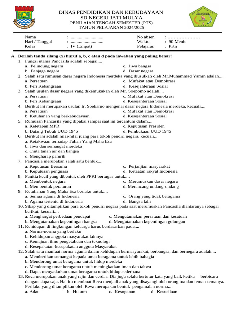 Soal STS 1 PPKN Kelas IV | PDF