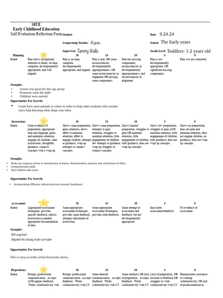 Self-Evaluation Reflection Form | PDF