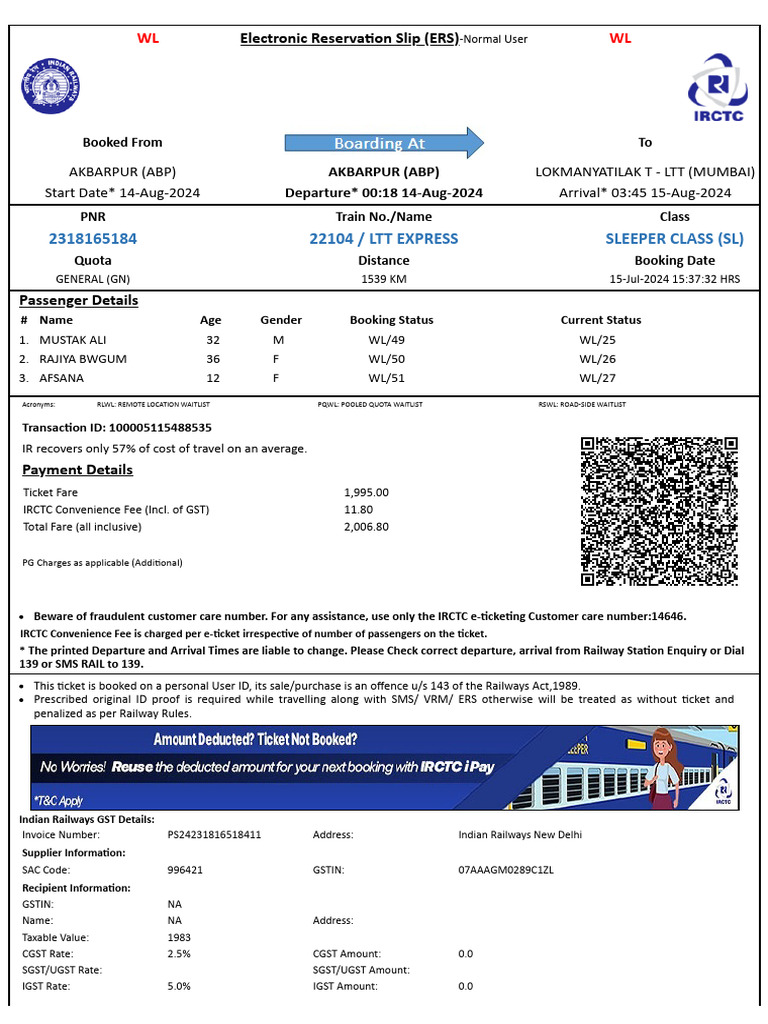 LTT Express Sleeper Class (SL) : WL WL | PDF