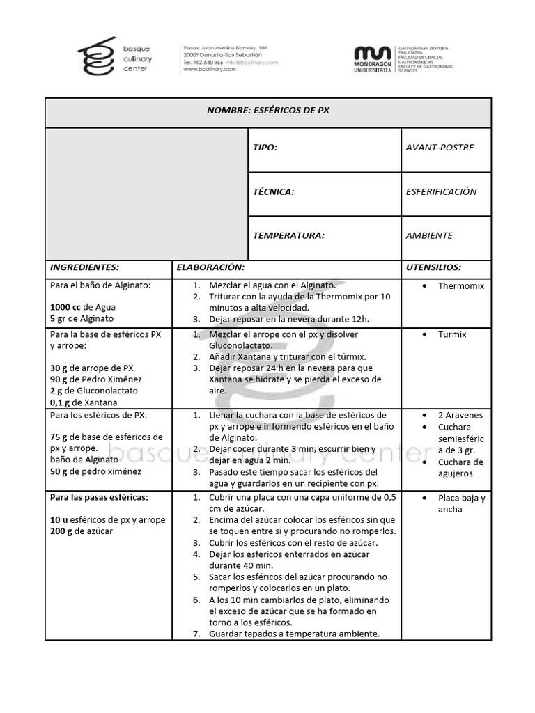 Esféricos de PX: Receta y Técnica | PDF