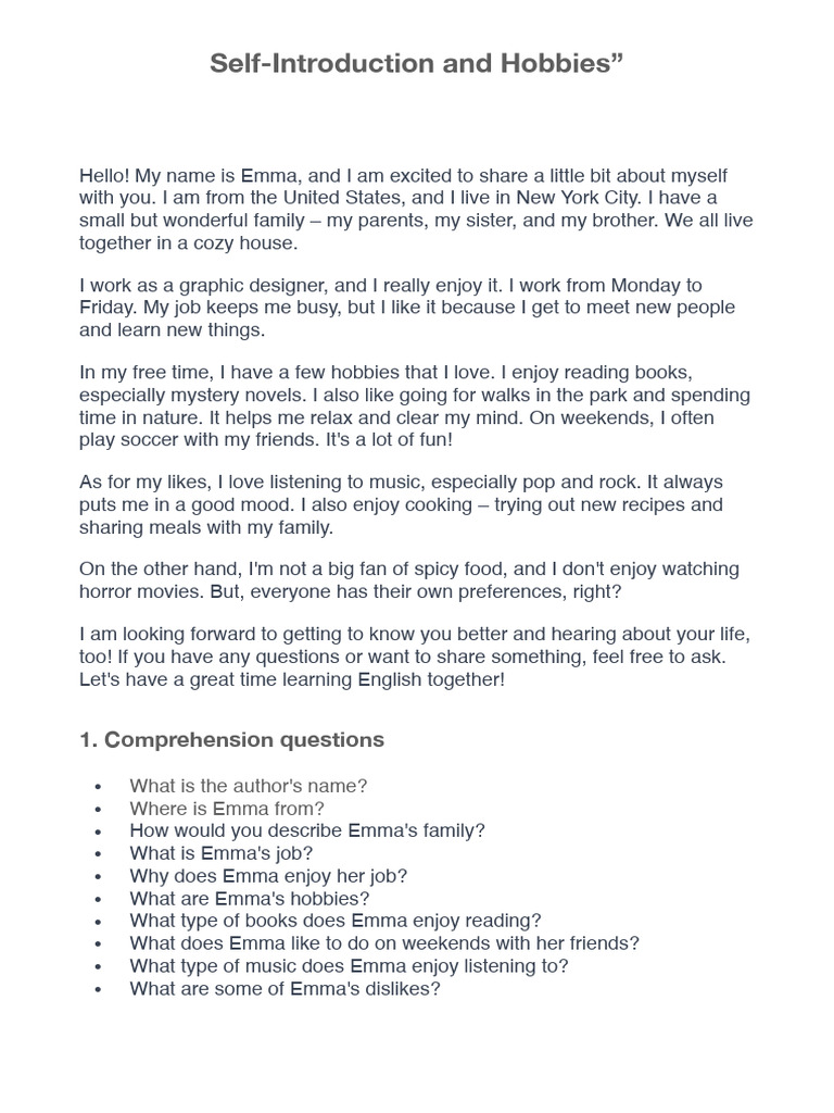 Lesson 1 - Self Introduction and Hobbies | PDF