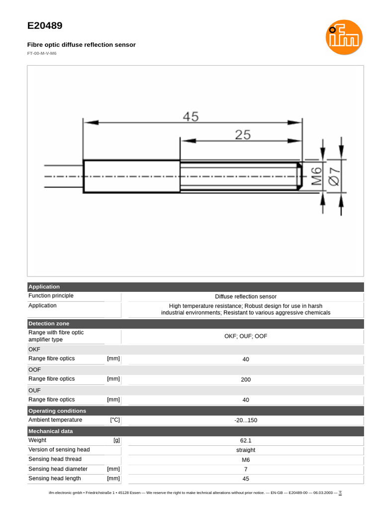 Fibre Optic Diffuse Reflection Sensor: FT-00-M-V-M6 | PDF
