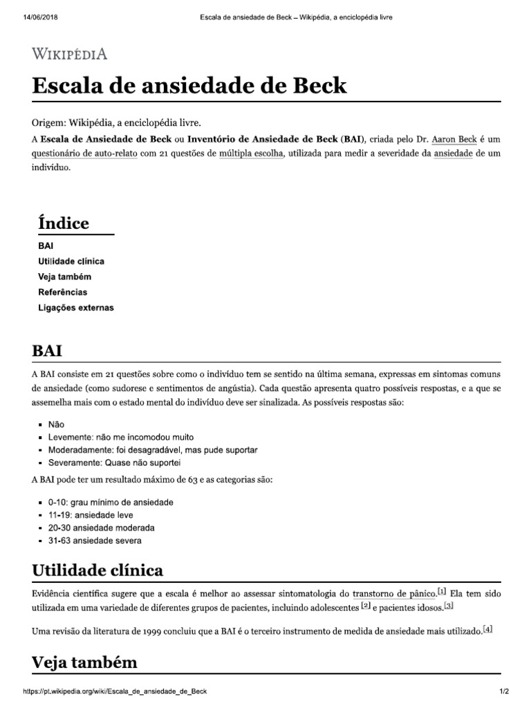 Escala de Ansiedade de Beck - Wikipédia, A Enciclopédia Livre | PDF