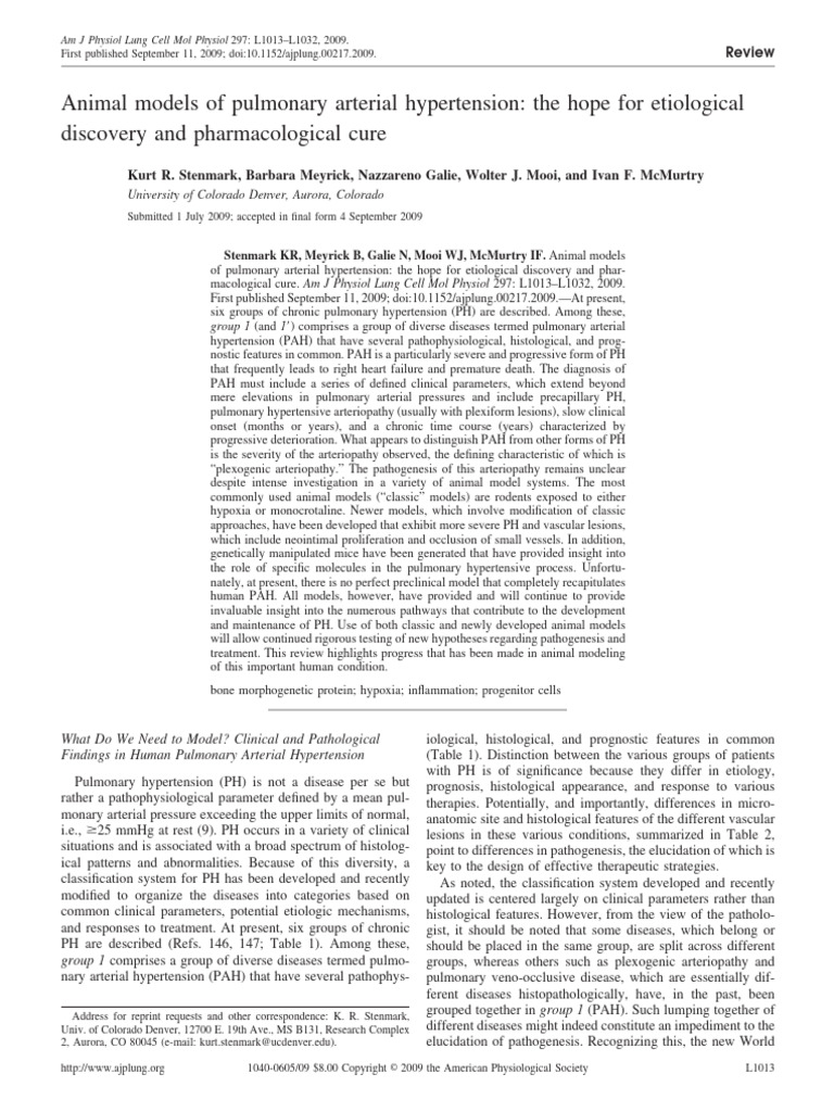 Stenmark Et Al 2009 Animal Models of Pulmonary Arterial Hypertension ...