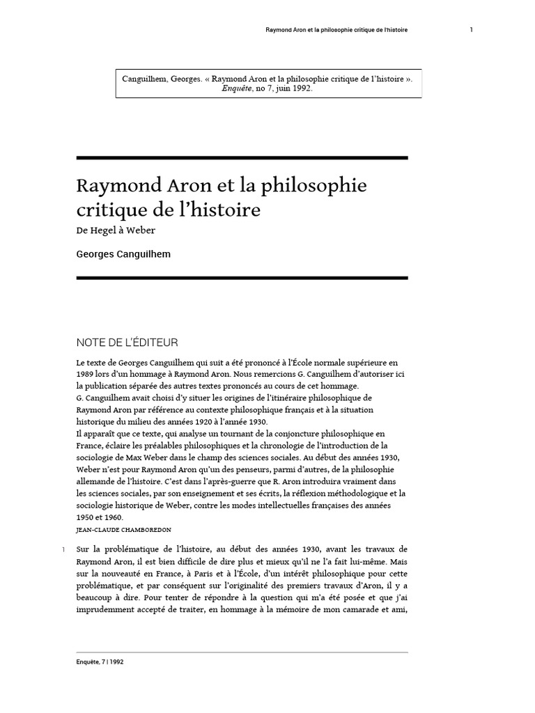 Canguilhem, Georges. Raymond Aron Et La Philosophie Critique de L ...