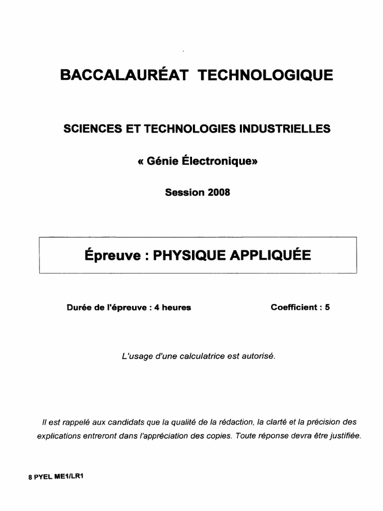 Sujet Et Corrige Bac Sti Genie Electronique 2008 Physique Appliquee 1 | PDF