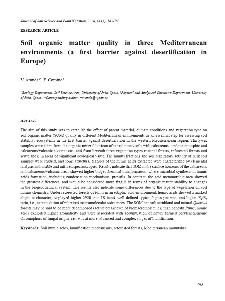Soil Organic Matter Quality in Three Mediterranean Environments (A First Barrier Against ...
